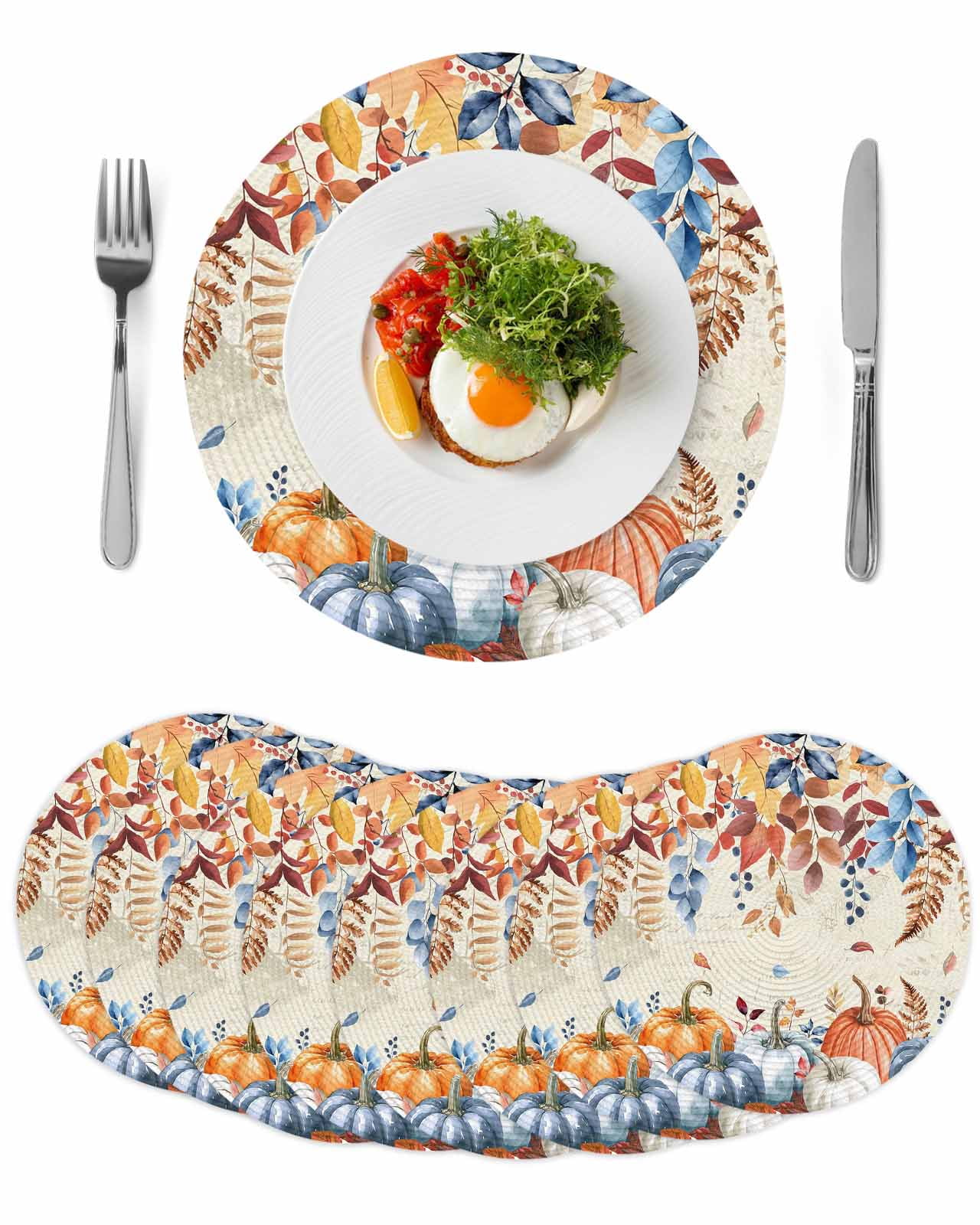 Fall Thanksgiving Round Table Placemats set of 8, Orange Blue White ...