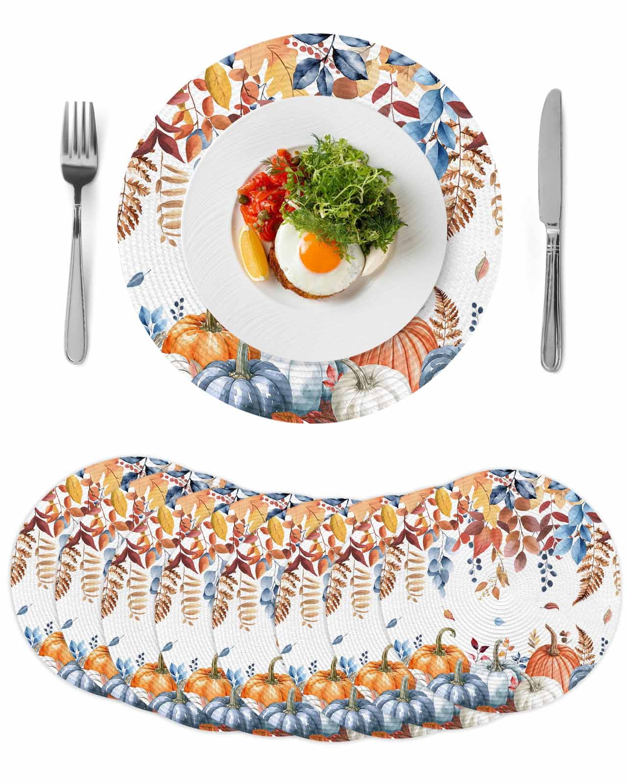 Fall Thanksgiving Round Table Placemats set of 8, Orange Blue White ...