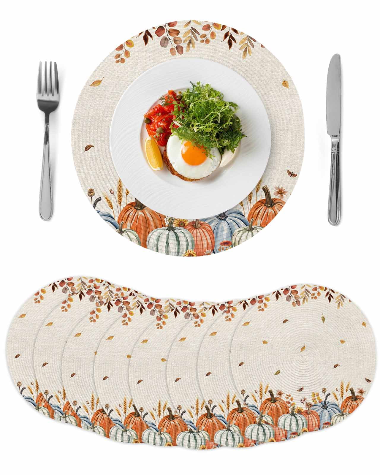 Fall Thanksgiving Round Table Placemats set of 8, Orange Green Blue ...