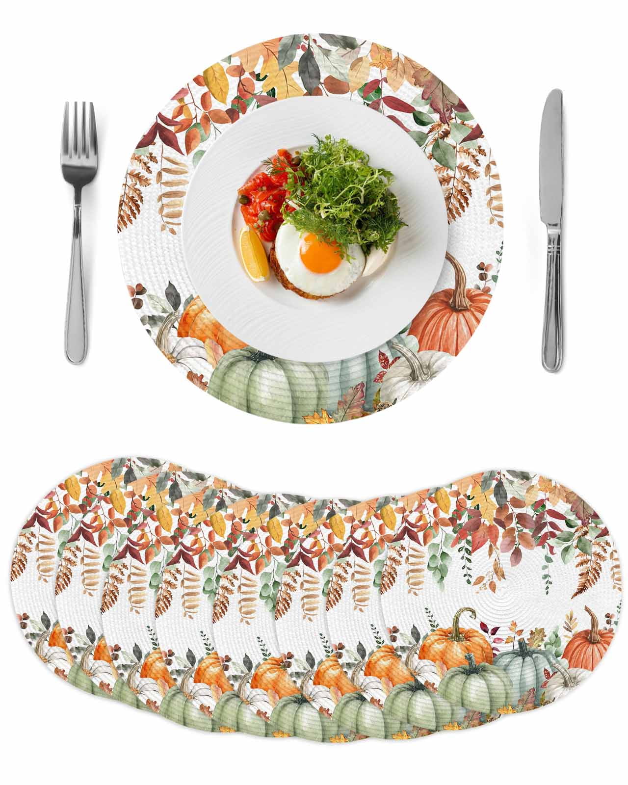 Fall Thanksgiving Round Table Placemats set of 8, Orange Green White ...