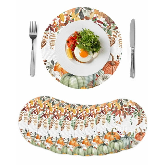 Fall Thanksgiving Round Table Placemats set of 8, Orange Green White ...