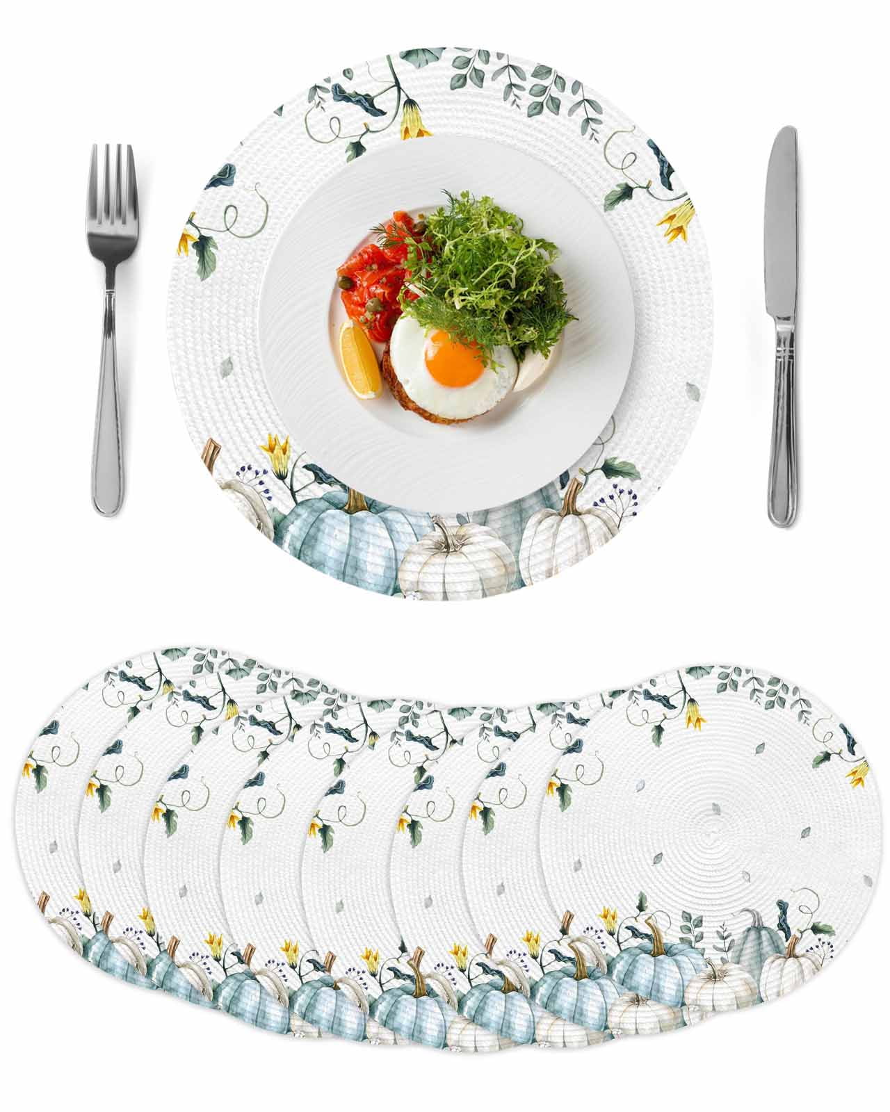 Fall Thanksgiving Round Table Placemats set of 8, Teal Blue White ...