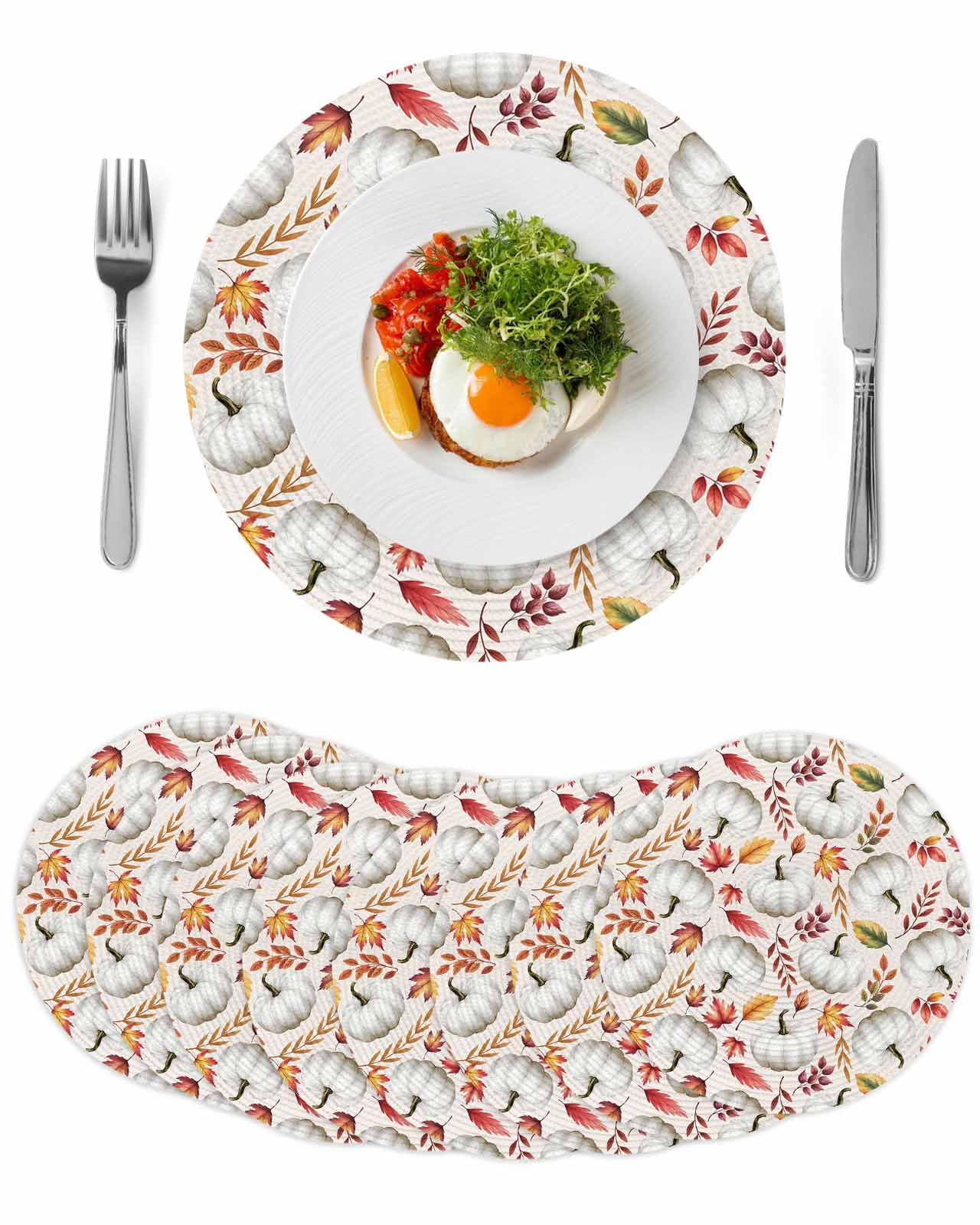 Fall Thanksgiving Round Table Placemats set of 8, White Pumpkins Autumn ...