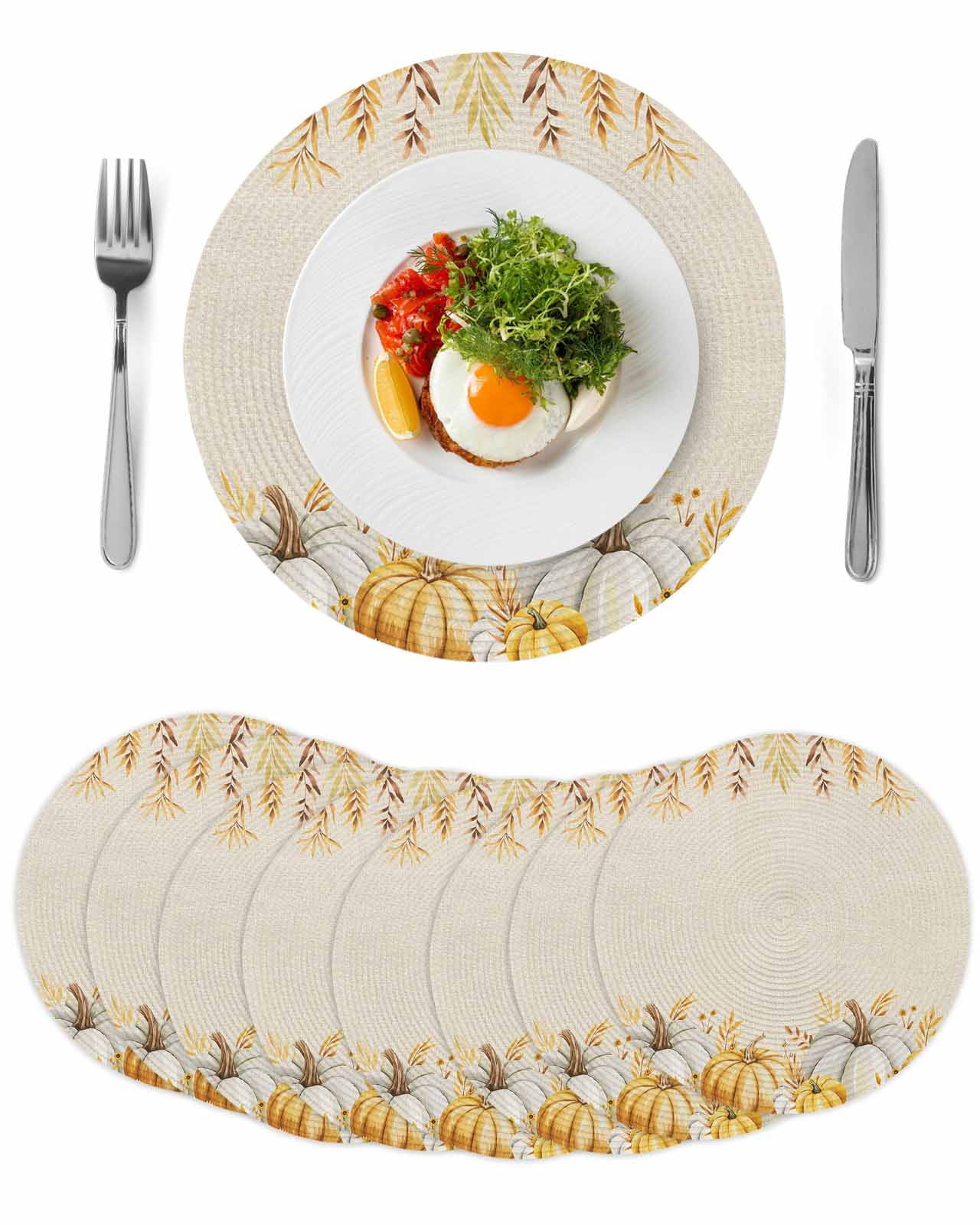 Fall Thanksgiving Round Table Placemats set of 8, Yellow White Pumpkin ...