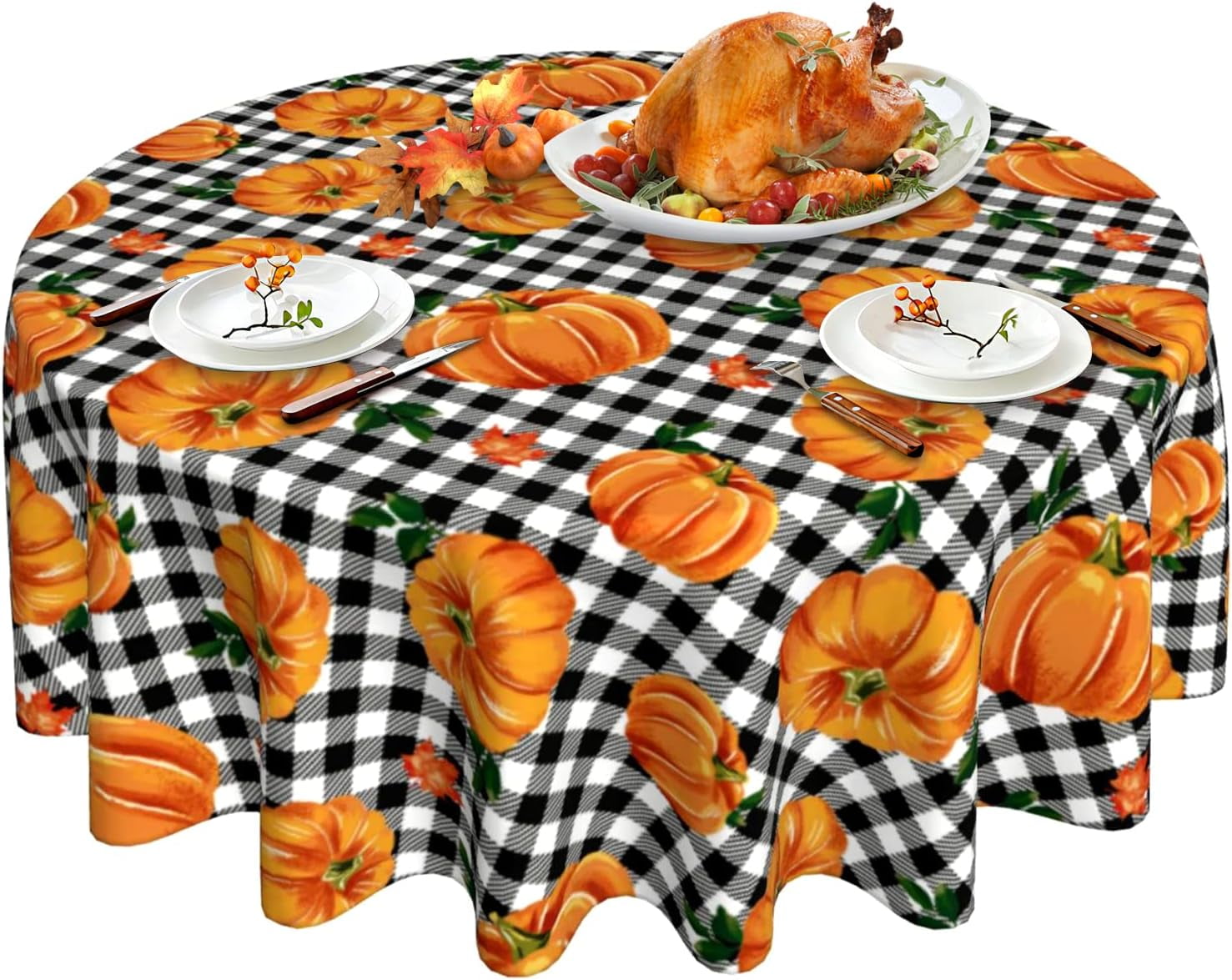 Fall Thanksgiving Round Tablecloth 60 Inch, Black White Buffalo Plaid ...