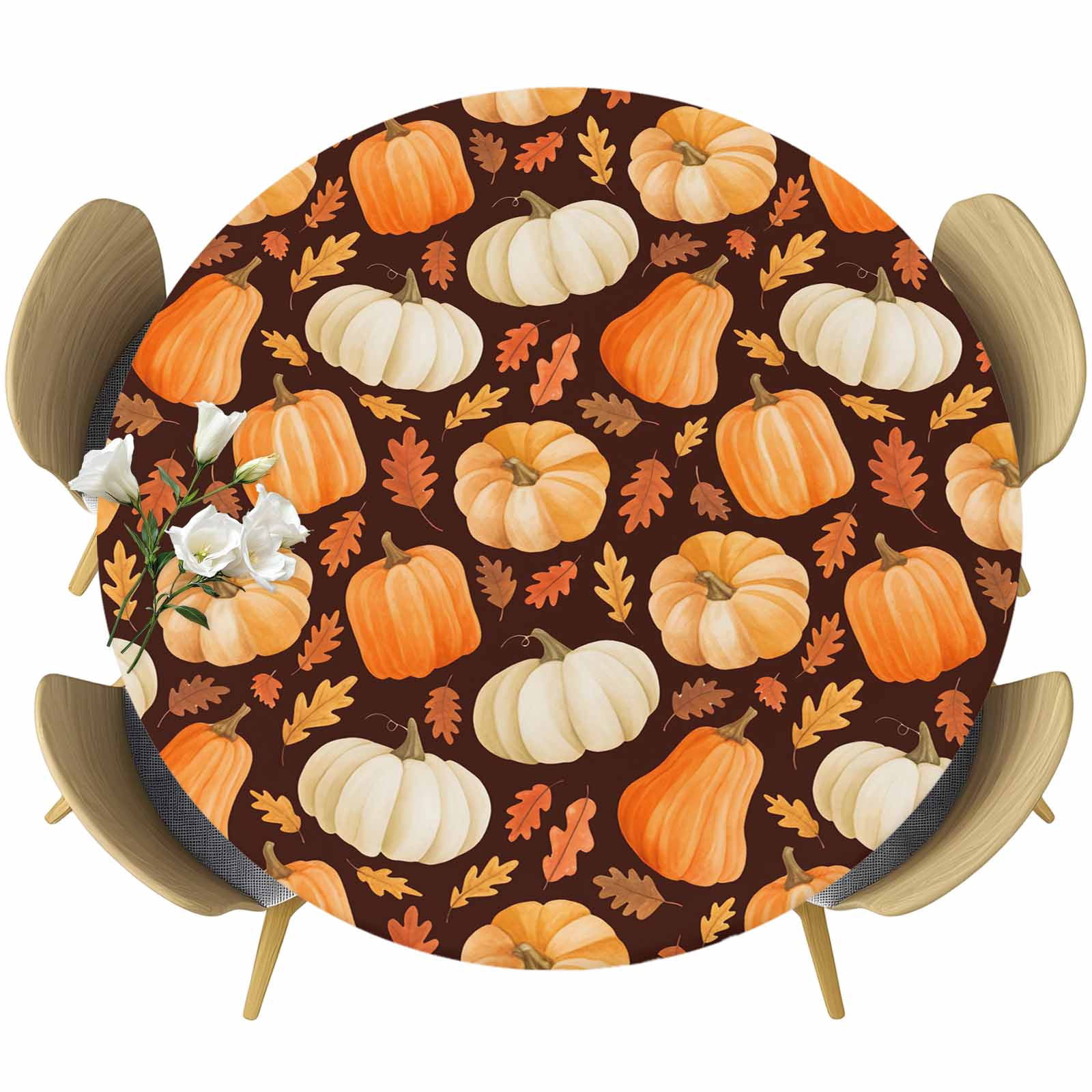 Fall Thanksgiving Round Tablecloth, Fitted Table Cover with Elastic for ...