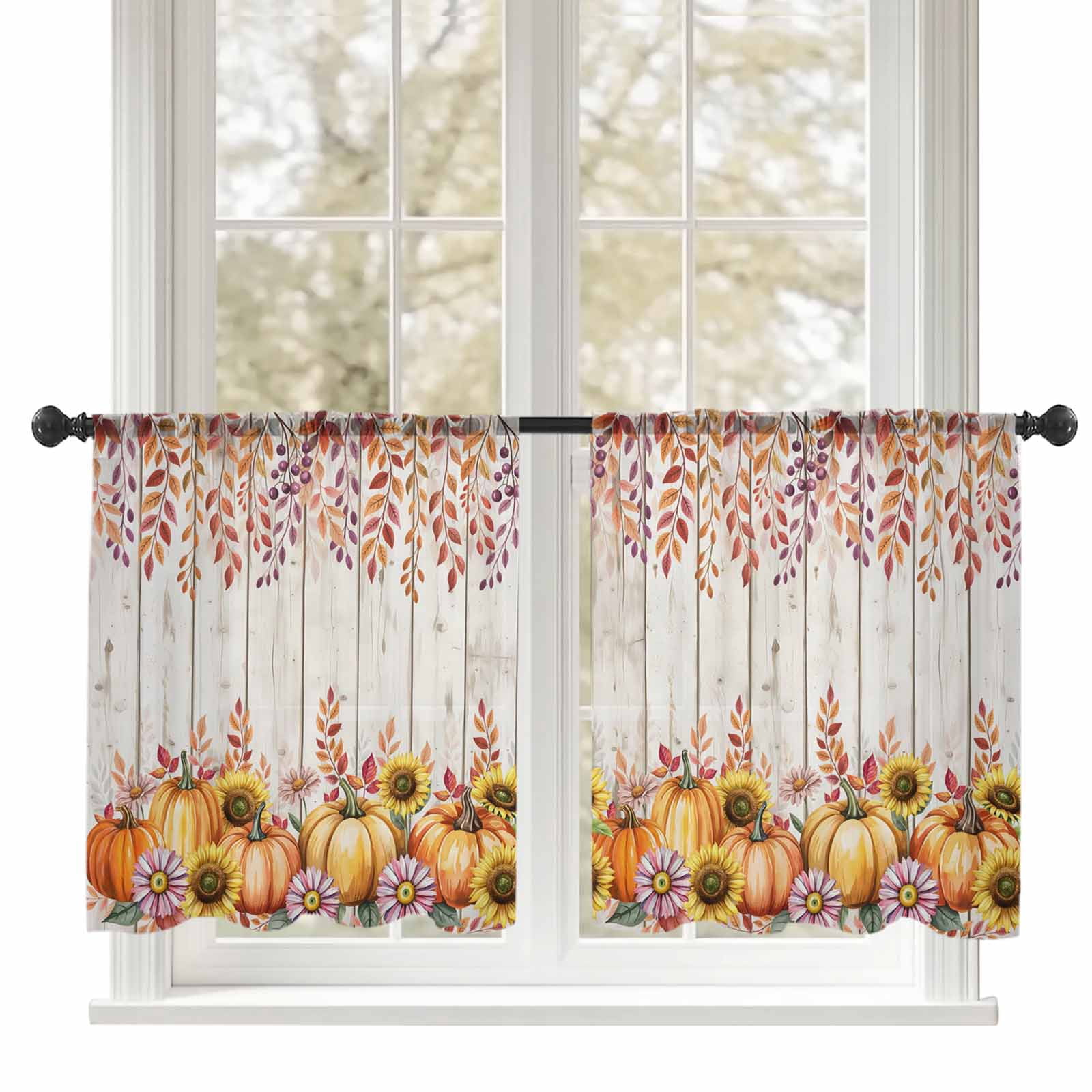 Fall Thanksgiving Sheer Curtains 54 inches Long, Pumpkin Daisy Leaf ...