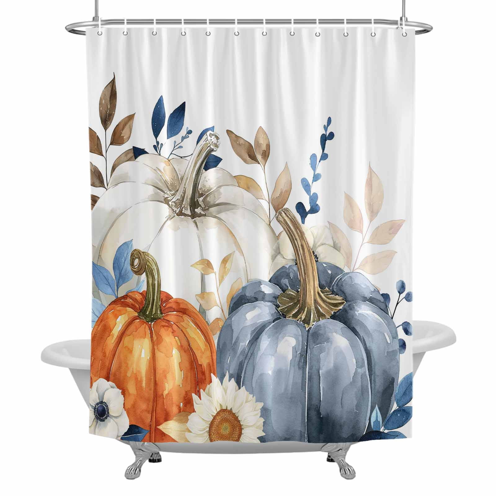 Fall Thanksgiving Shower Curtain Set with Hooks, Orange White Blue ...