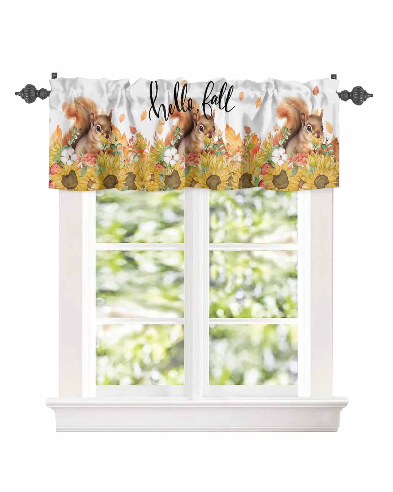 Fall Thanksgiving Squirrel Watercolor Sunflower Flowers Window Valances ...