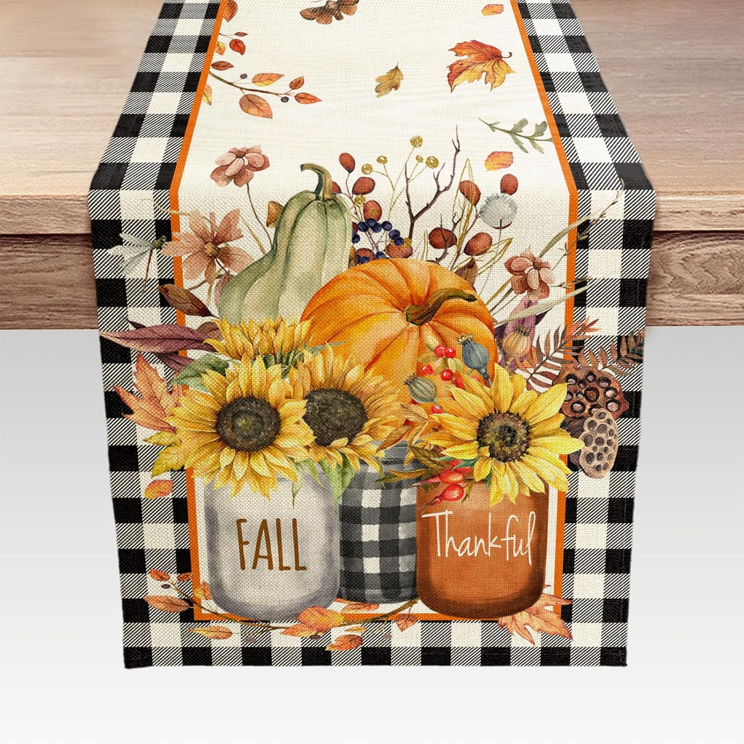 Fall Thanksgiving Table Runner, Buffalo Plaid Pumpkin Flowers Autumn ...