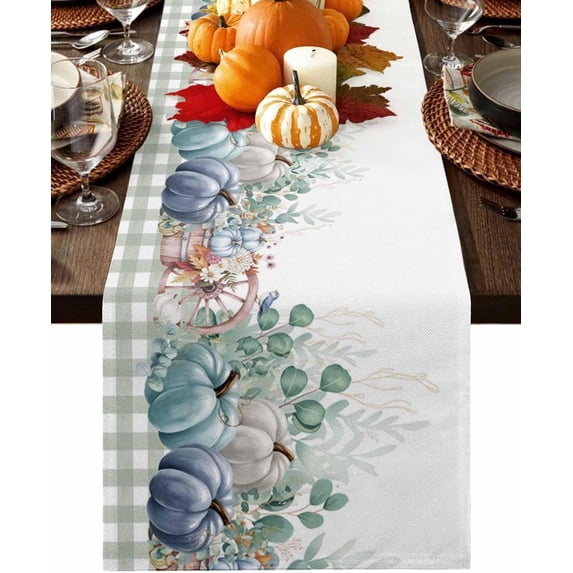 Fall Thanksgiving Table Runner, Navy Blue Pumpkins Green Eucalyptus ...