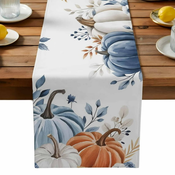 Fall Thanksgiving Table Runner, Orange Blue Pumpkin Boho Floral Cotton ...