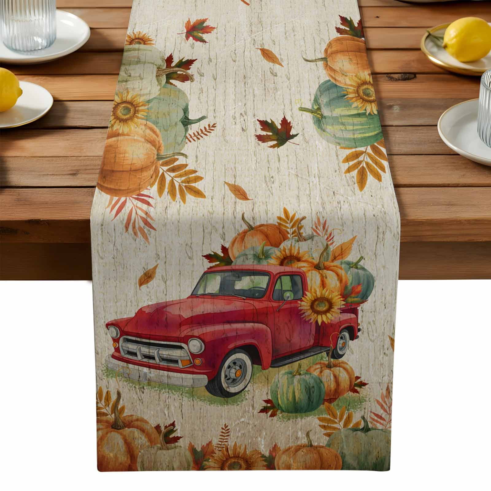 Fall Thanksgiving Table Runner, Red Farmhouse Truck Cotton Linen ...