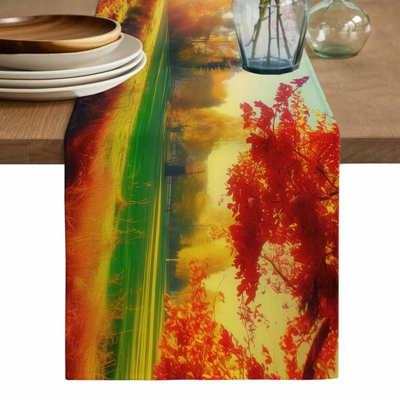 Fall Thanksgiving Table Runner, Red Orange Sunrise Forest Autumn ...