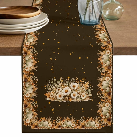 Fall Thanksgiving Table Runner, Vintage Pumpkin Daisy Floral Rustic ...