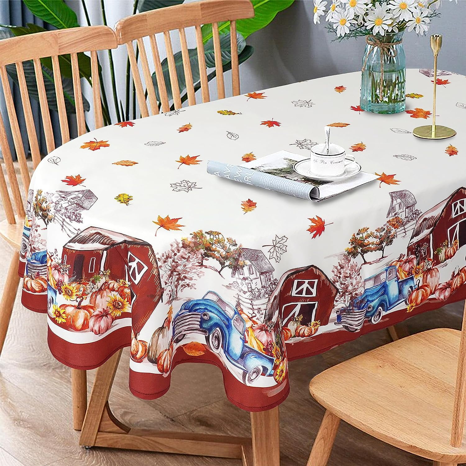 Fall Thanksgiving Tablecloth, Autumn Pumpkin Truck Table Cloth, Maple ...