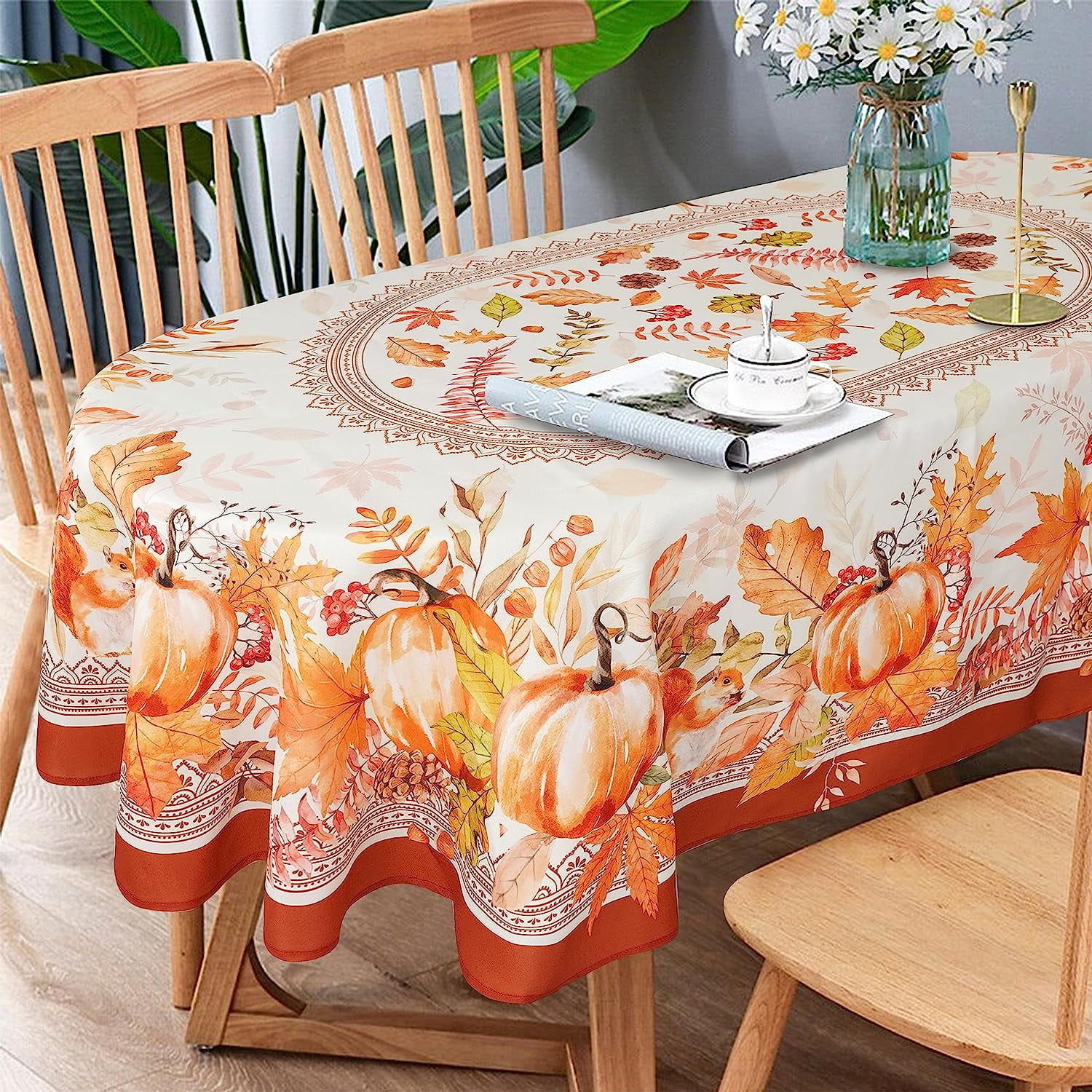 Fall Thanksgiving Tablecloth Oval, Pumpkin Maple Leaf Table Cloth 60 x ...