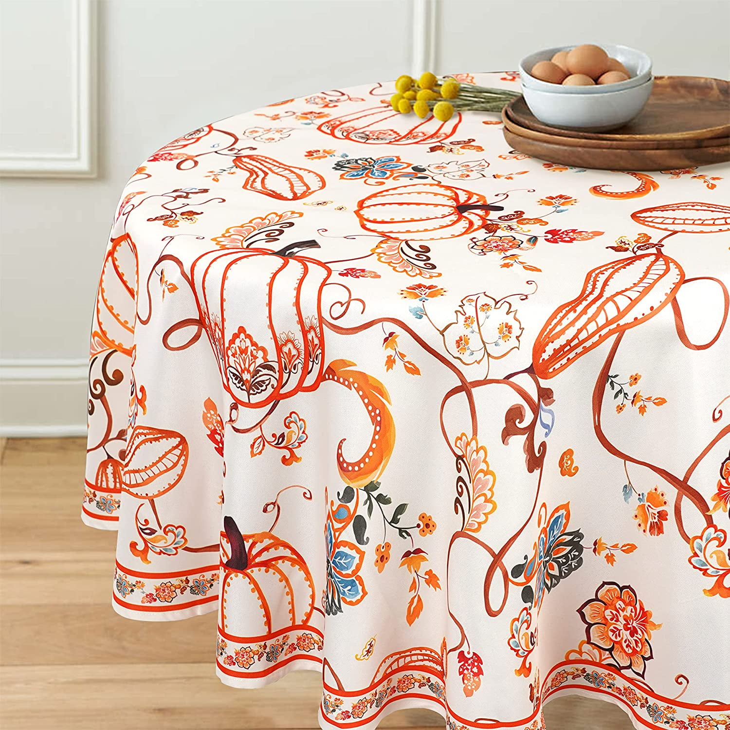 Fall Thanksgiving Tablecloth, Pumpkin Paisley Orange Brown Round Table ...