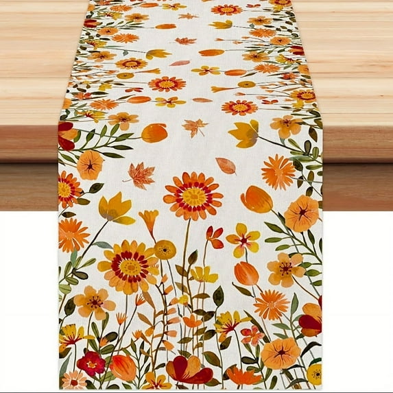 Fall Thanksgiving Theme Linen Table Runners Wildflower Green Leaves ...