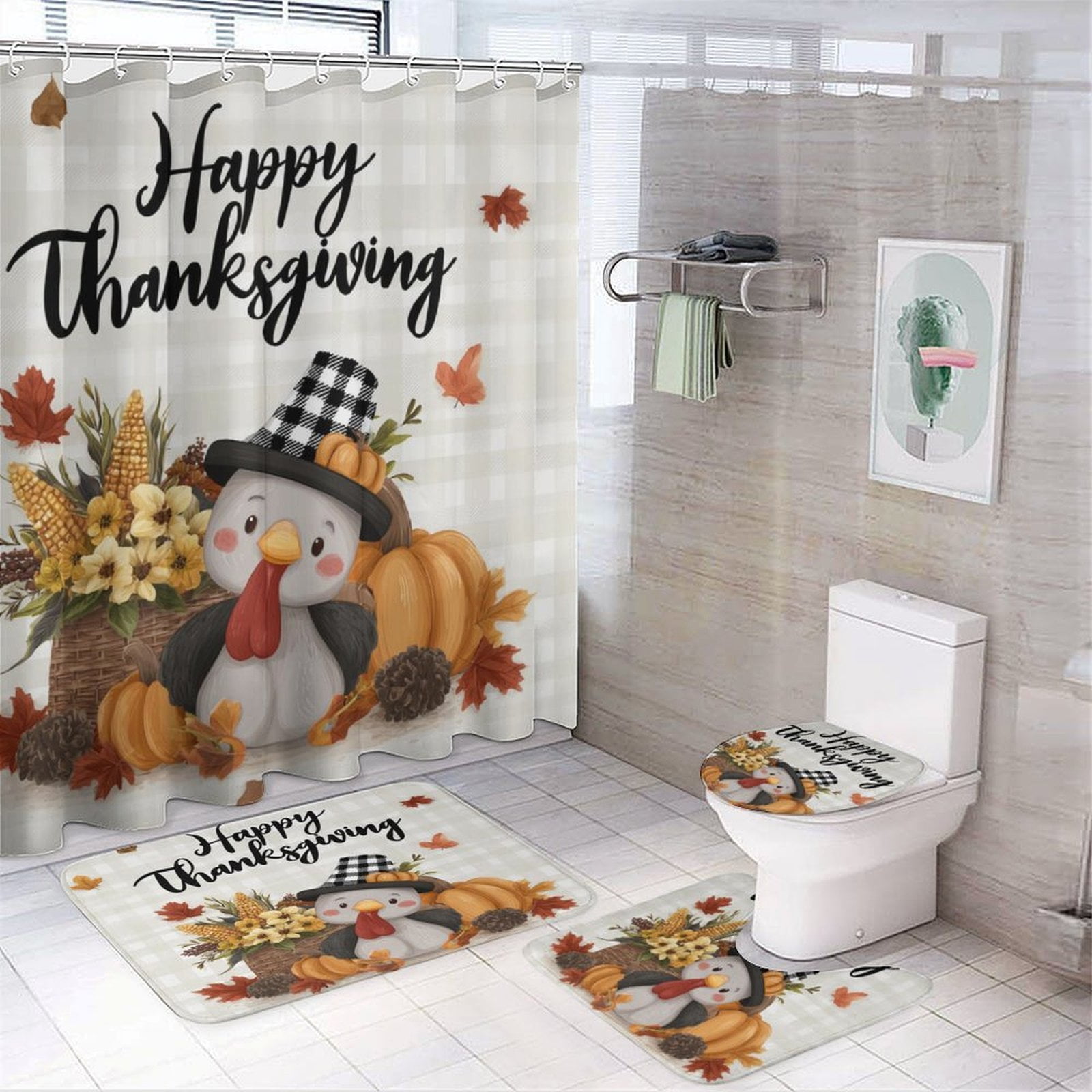Fall Thanksgiving Turkey 4 Piece Shower Curtain Sets Rug Toilet Lid ...