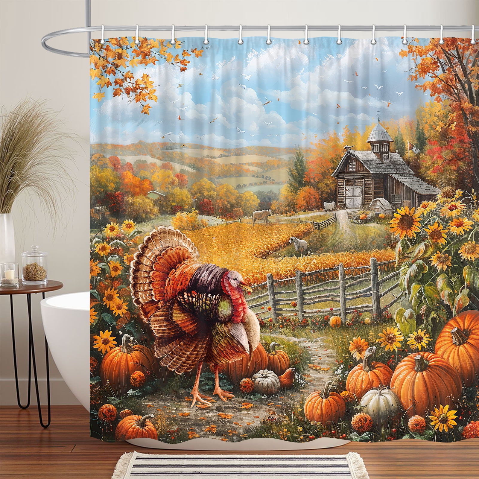 Fall Thanksgiving Turkey Shower Curtain, Farmhouse Pumpkin Autumn ...