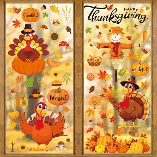 Fall Thanksgiving Window Clings 6 Sheets, Large Turkey Fall Leaves ...