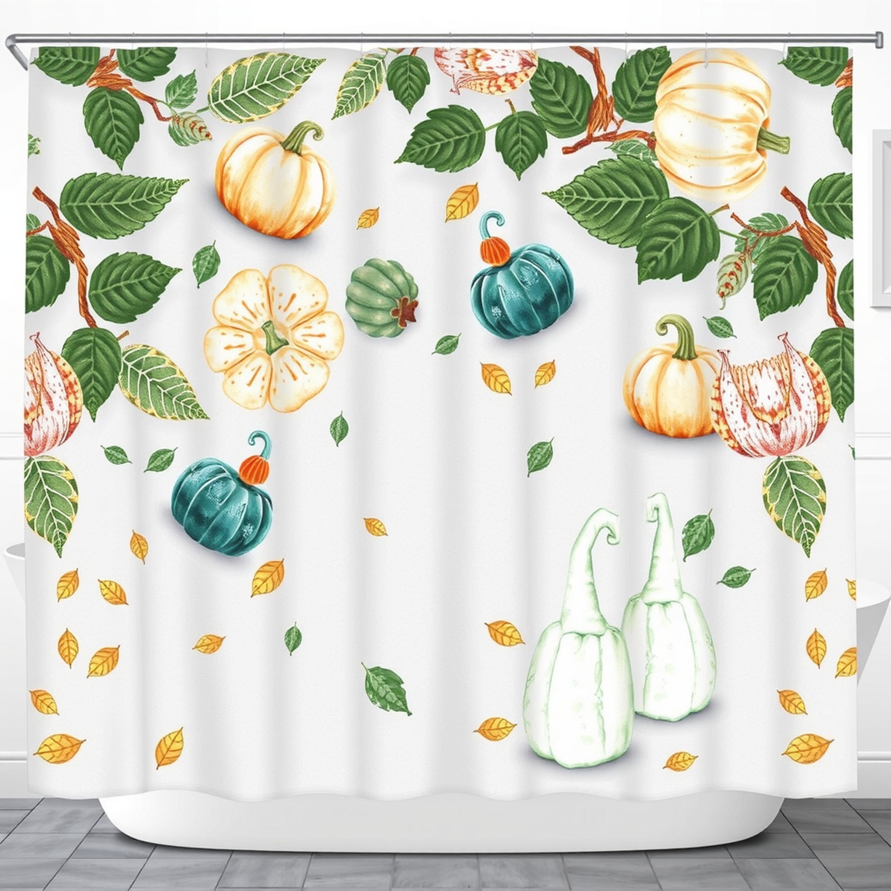 Fall-Themed Shower Curtain with Colorful Pumpkins & Leaves - Cheerful ...
