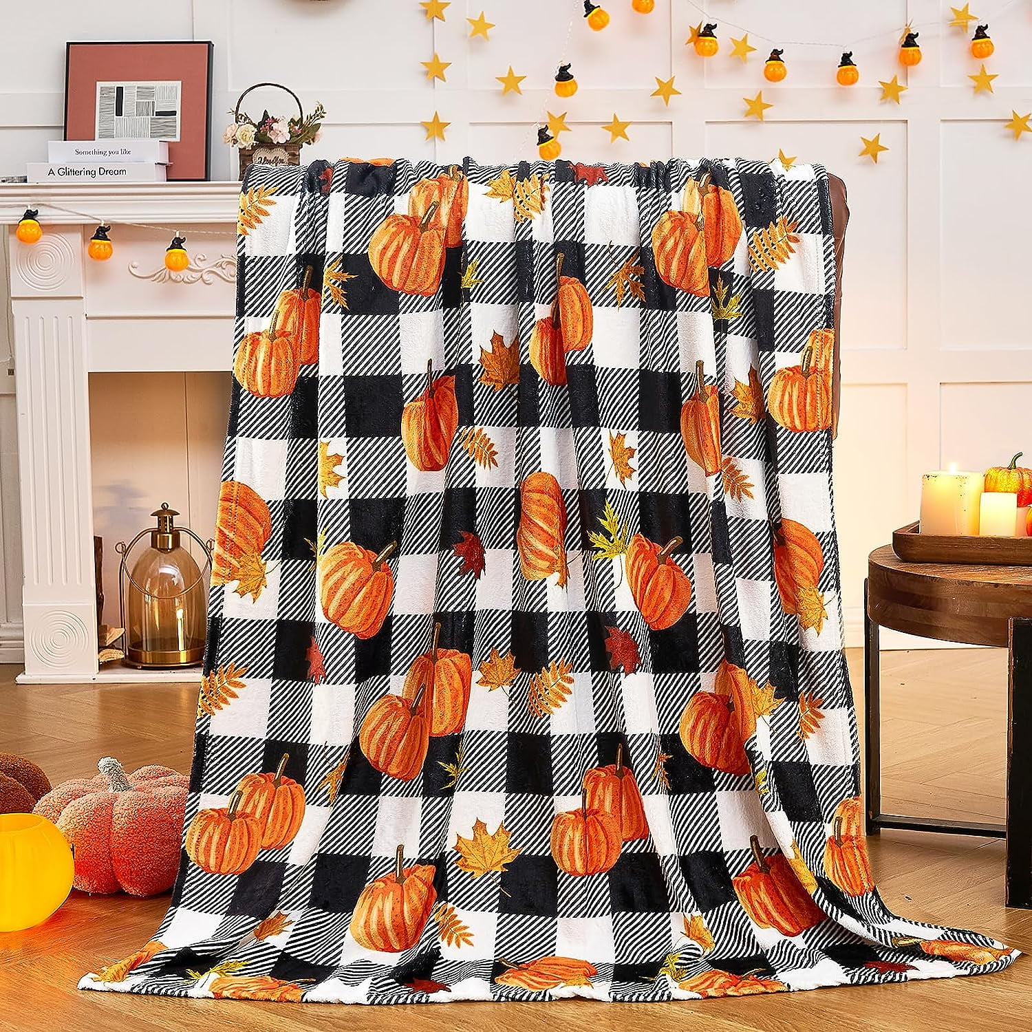 Fall Throw Blanket, Pumpkin Leaf Fall Plaid Throw Blanket for Couch Bed ...