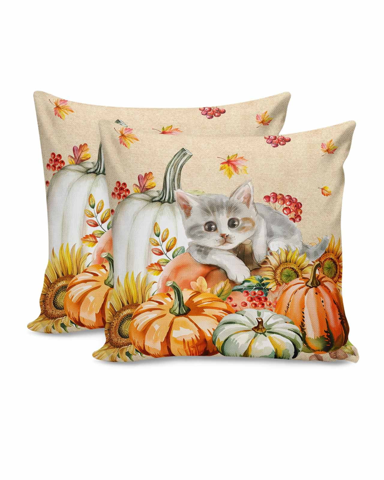 Fall Throw Pillow Covers 16x16 Inch Set of 2 Pumpkin Cat Decorative ...