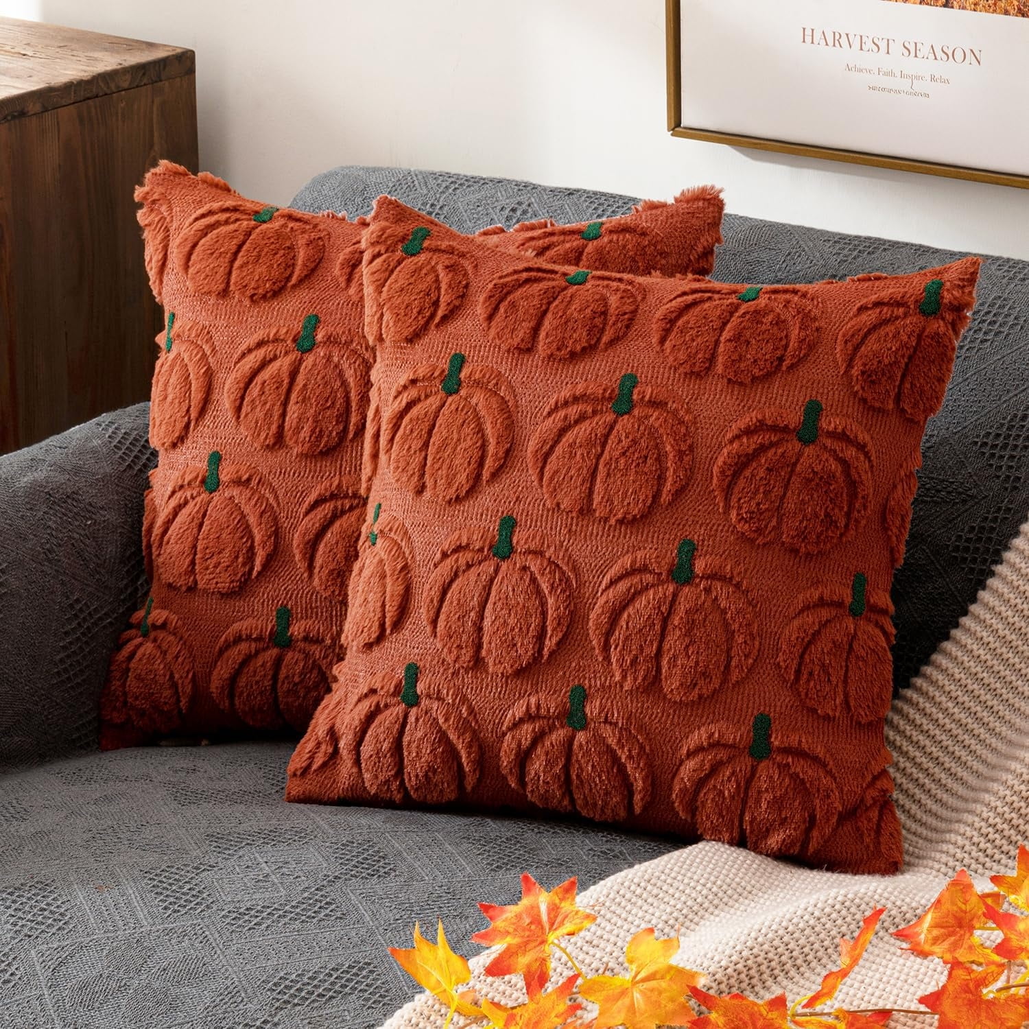 Fall Throw Pillow Covers 18x18 Set of 2 ，Pumpkin Couch Halloween Decor ...