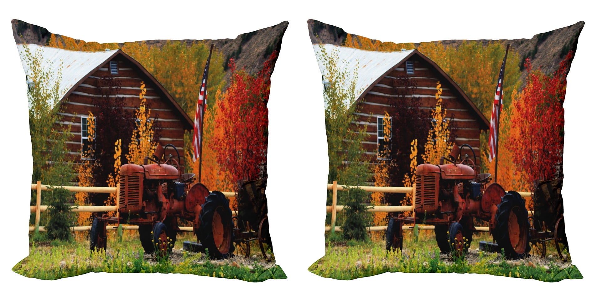 Ambesonne Fall Throw Pillow Cover 2 Pack, Rustic Cabin with Tractor, 18 ...
