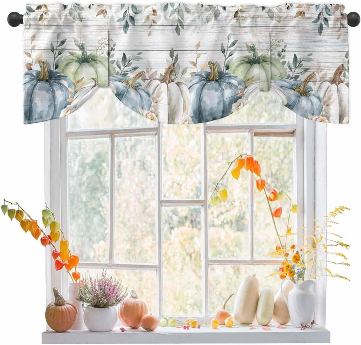 Fall Tie Up Valance for Windows Sage Green Blue Pumpkin Thanksgiving ...