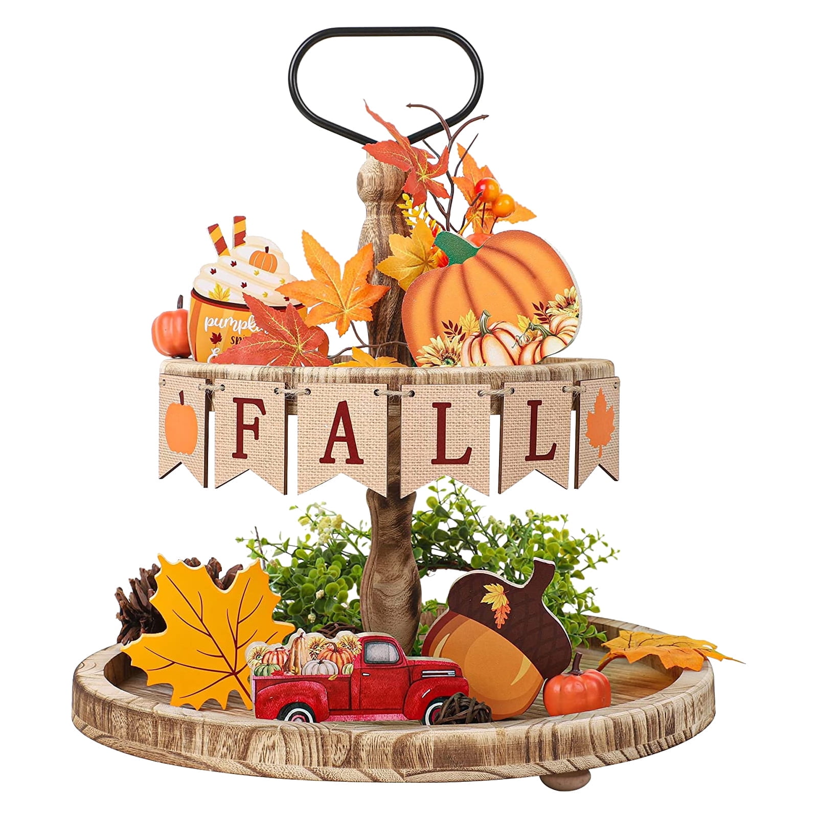 Fall Tiered Tray Decor Pumpkin Maple Leaves Wooden Tabletop Signs Happy ...