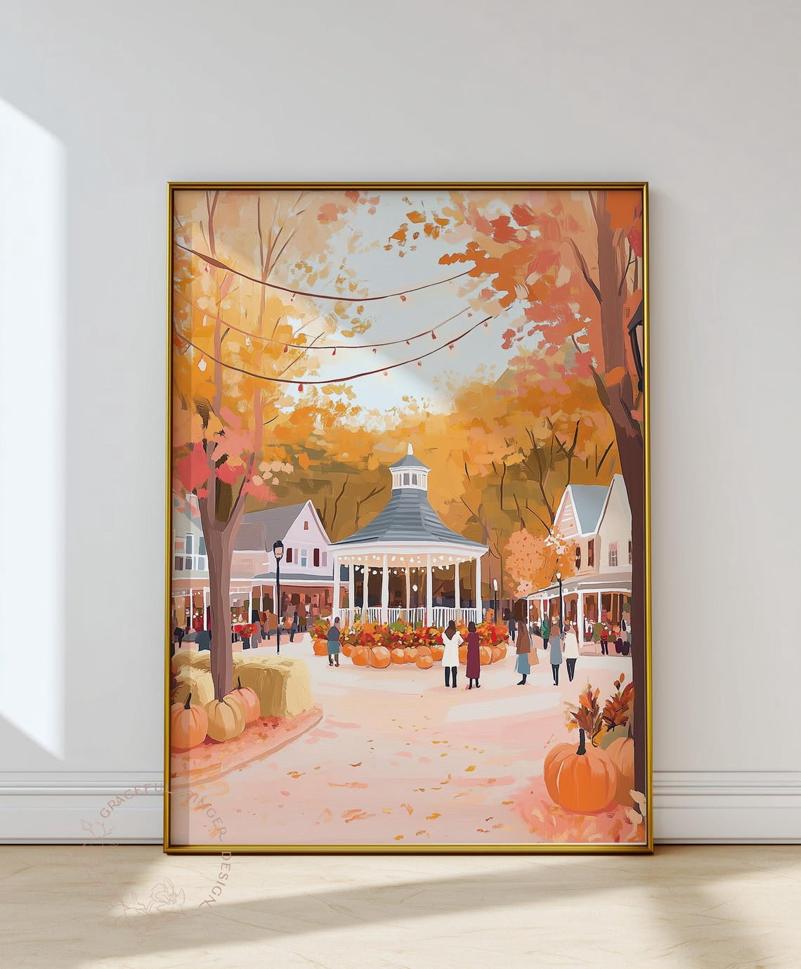 Fall Town Square Art Print, Cozy Harvest Festival Home Decor #2420 ...