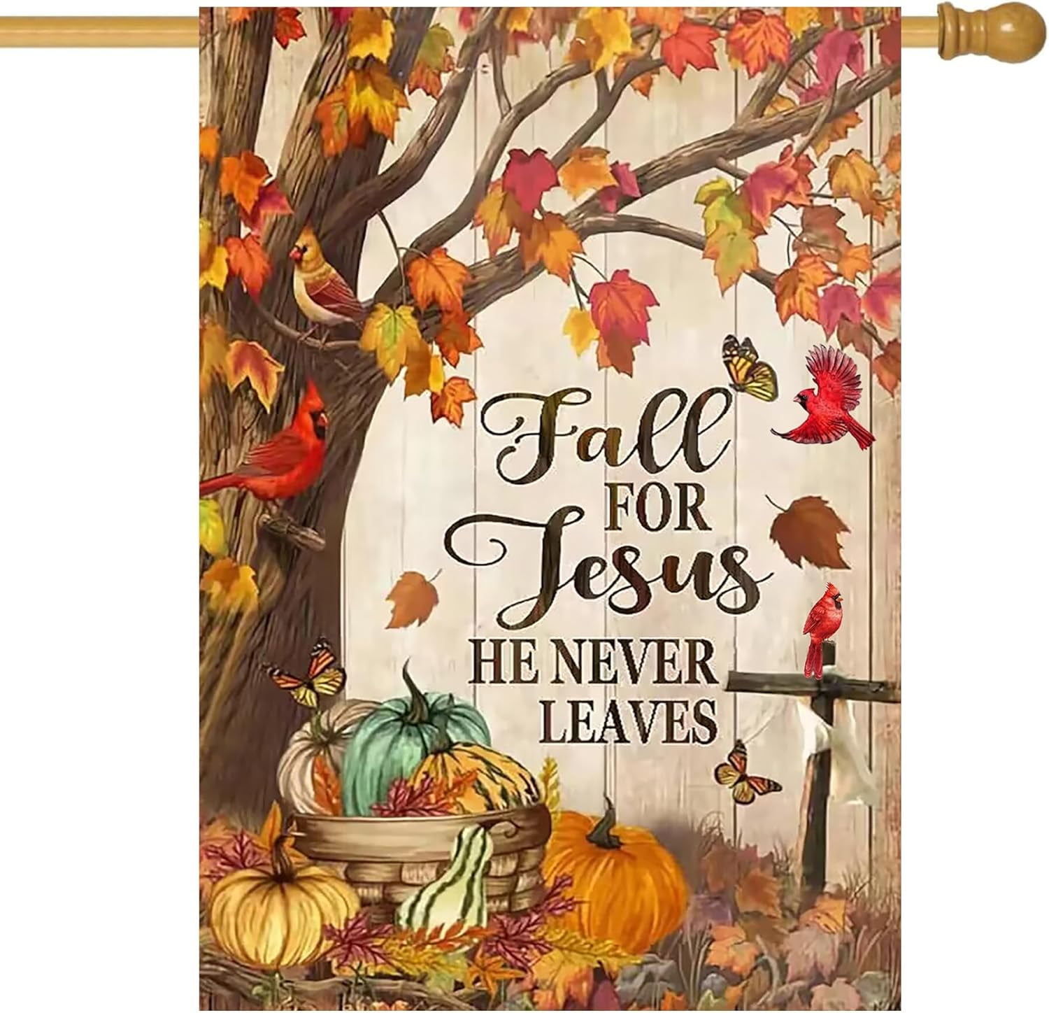 Fall Tree Cardinal House Flag Double Sided, Fall for Jesus He Never ...