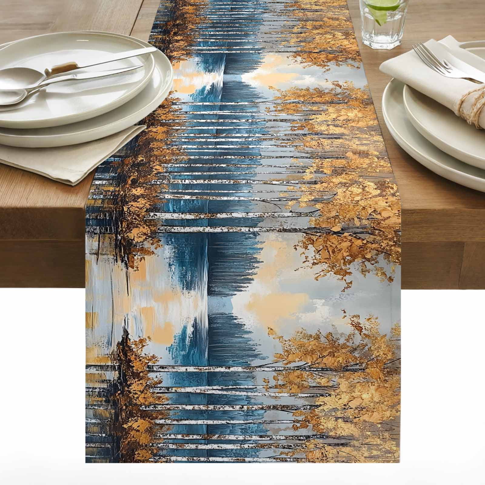 Fall Tree Cotton Linen Table Runner Watercolor Retro Yellow Trees Leaf ...