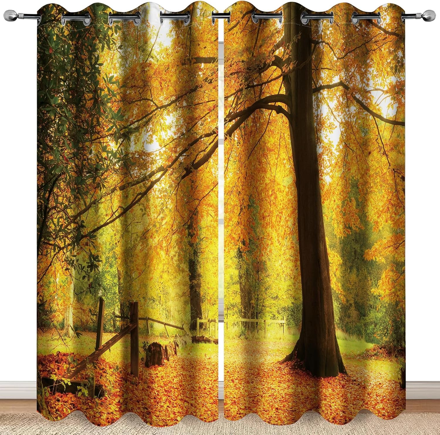 Fall Tree Forest Blackout Curtains Autumn Orange Yellow Fallen Leaves Scenery Decor Grass Field ...