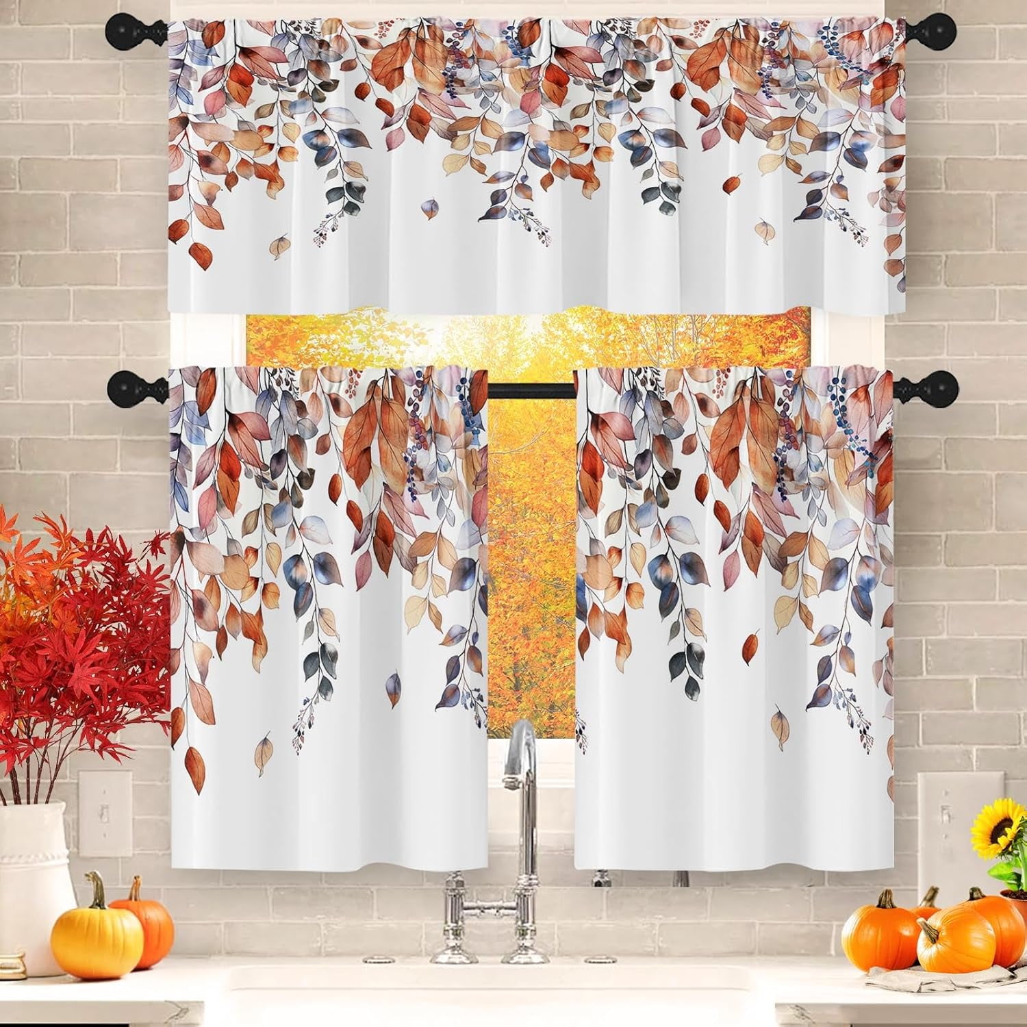 Fall Tree Kitchen Window Curtains Valance and Tier Set 36 Inch, Autumn ...