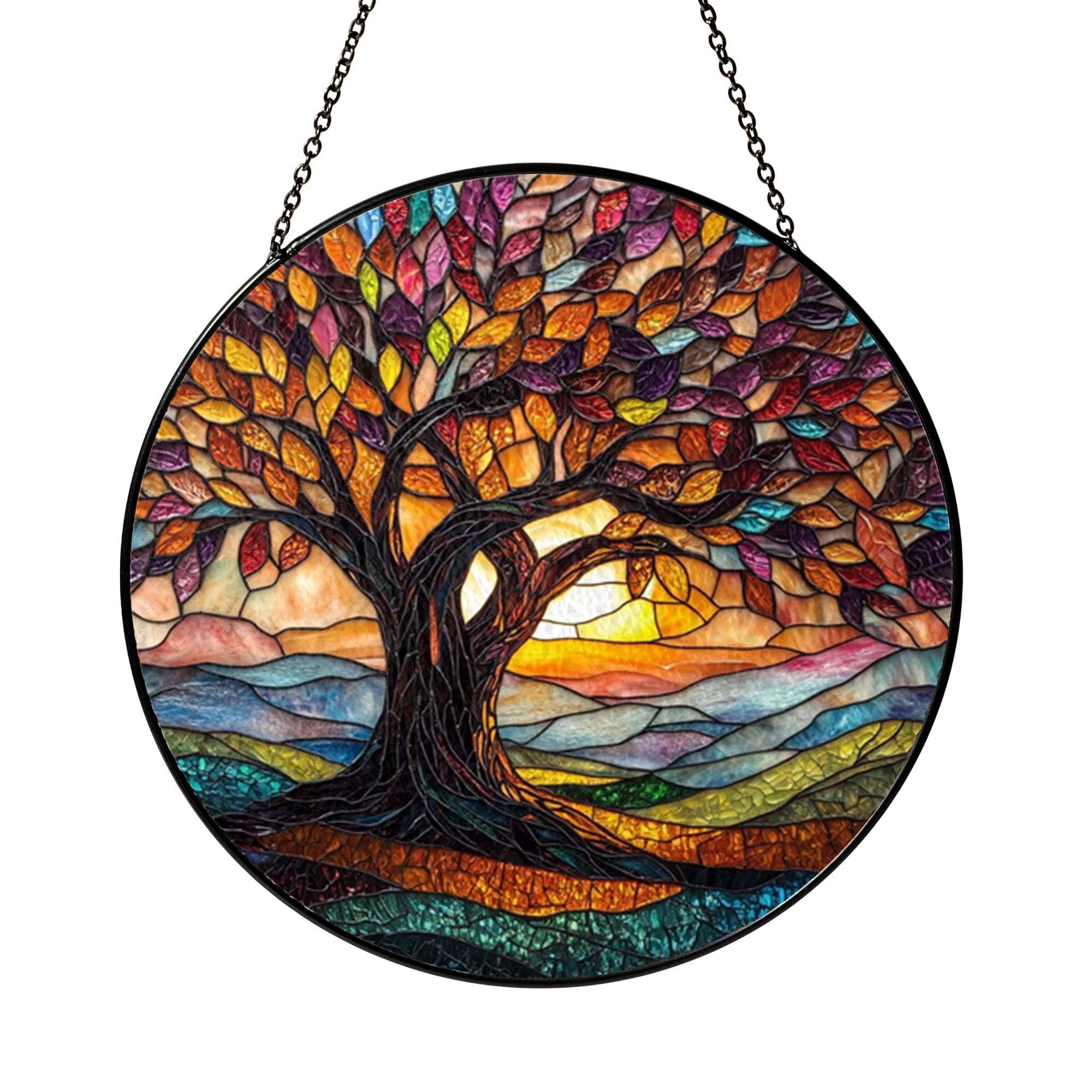 Fall Tree Silhouette Stained Glass Window Hanging, Decorative Nature ...