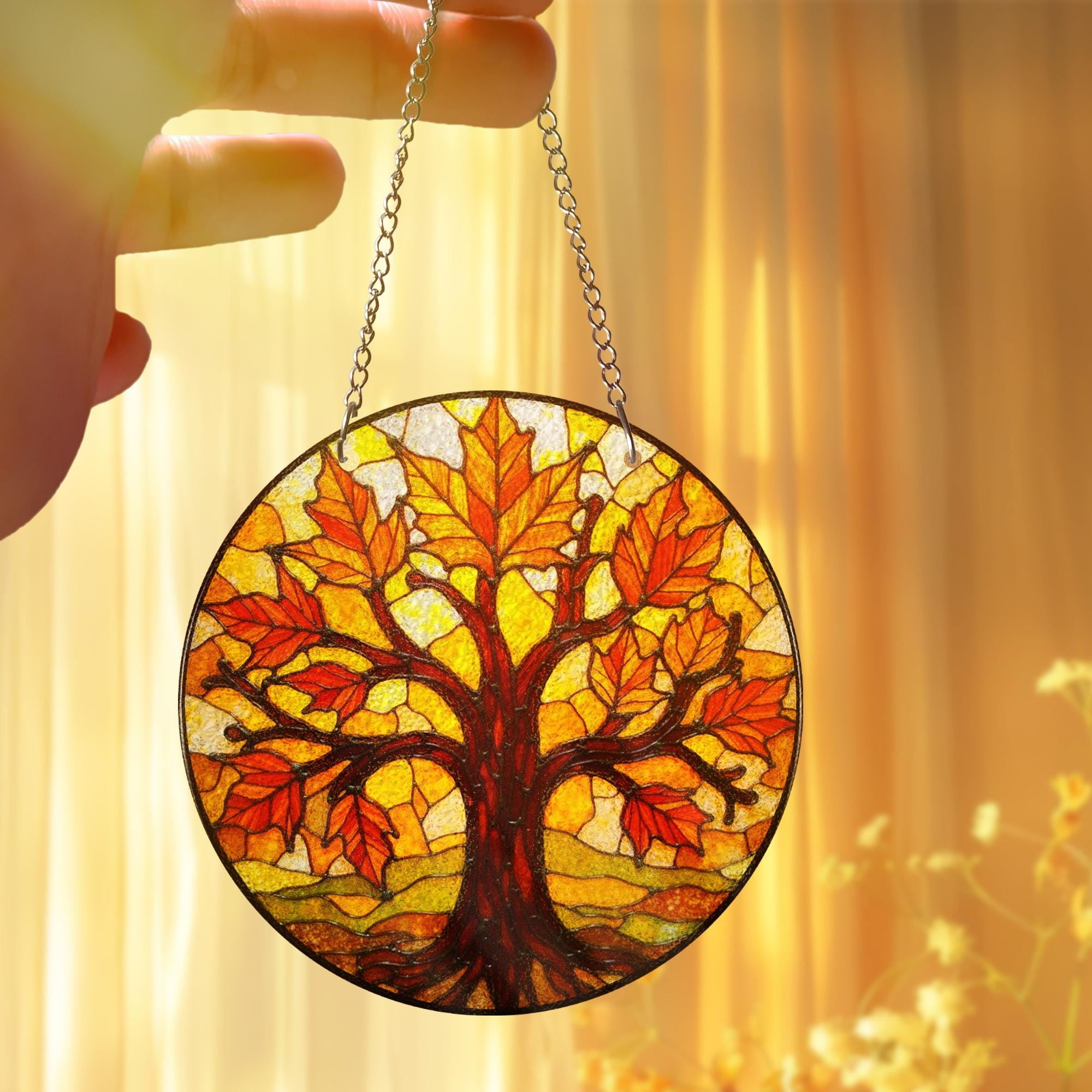 Fall Tree Stained Glass Suncatcher Autumn Leaves Window Hanging Round ...