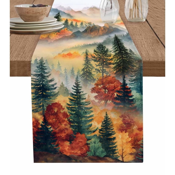 Fall Trees Table Runner 108 Inches, Autumn Forest Foggy Mountain ...