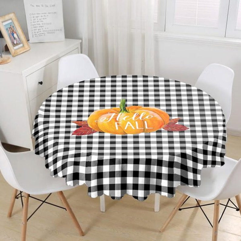 Fall Trend Pumpkin Print Autumn Checkered Round Tablecloth Housewarming ...
