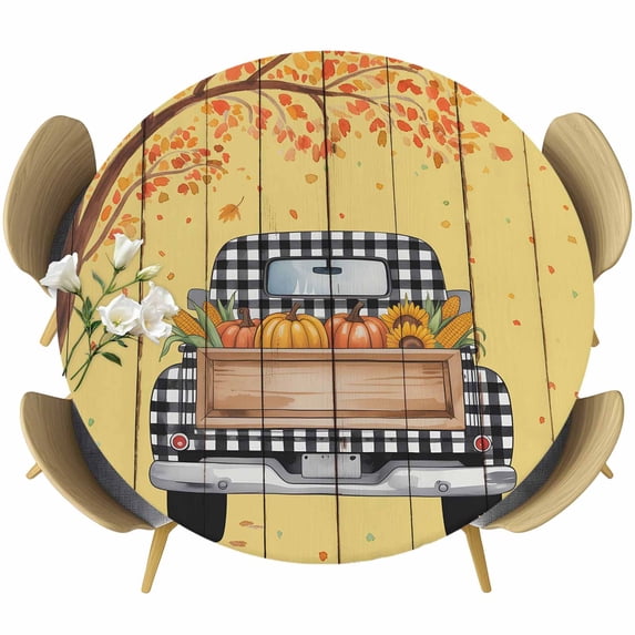Fall Truck Round Tablecloth, Fitted Table Cover with Elastic for 55"-60 ...