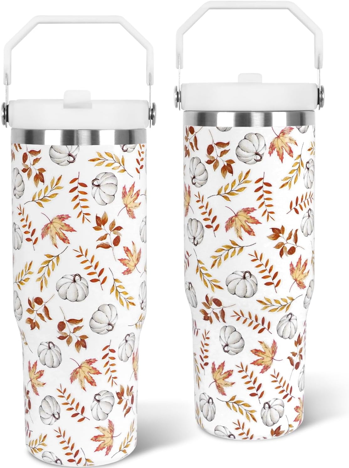 Fall Tumbler with Lid and Straw 30oz,White Pumpkin Maple Leaf Vacuum ...