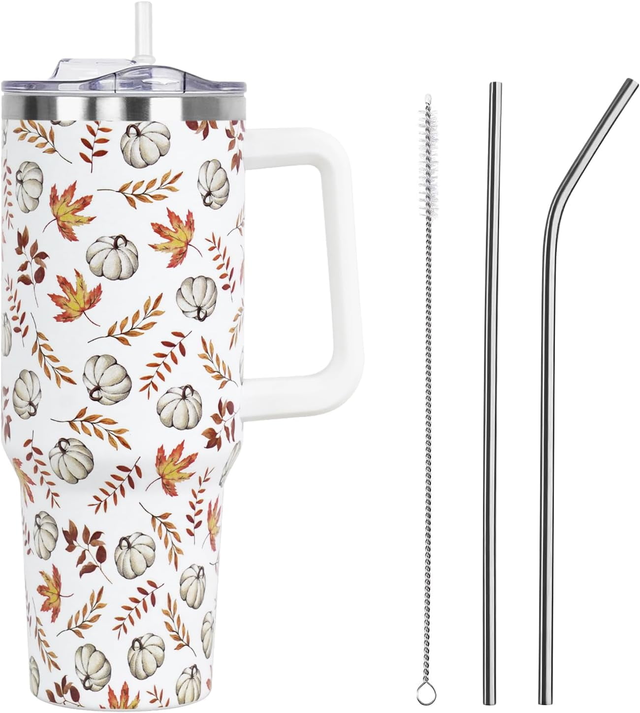 Fall Tumbler with Lid and Straw 40oz,White Pumpkin Maple Leaf Vacuum ...