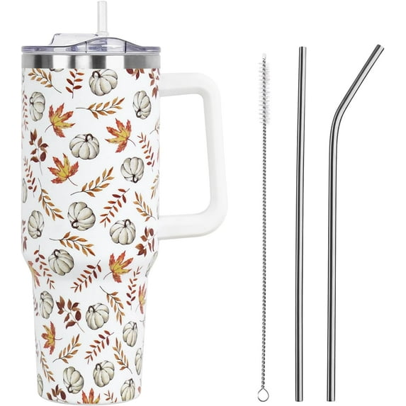 Fall Tumbler with Lid and Straw 40oz,White Pumpkin Maple Leaf Vacuum ...