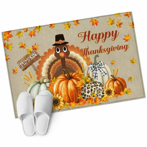 Fall Turkey 2'x3' Washable Rug, Happy Thanksgiving Pumpkin Maple Leaf ...