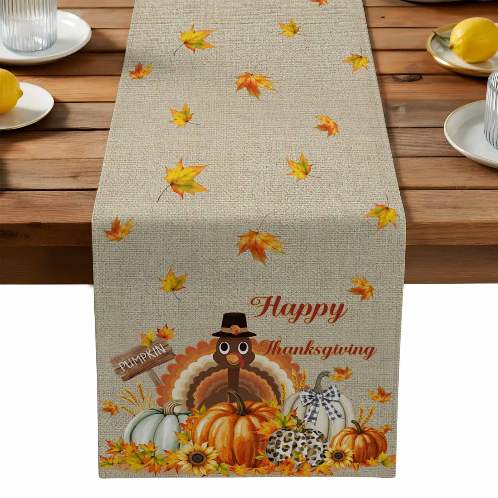 Fall Turkey Cotton Linen Table Runner for Dining Kitchen, Happy ...