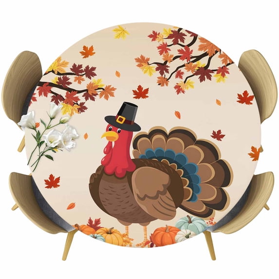 Fall Turkey Round Tablecloth, Fitted Table Cover with Elastic for 55 ...