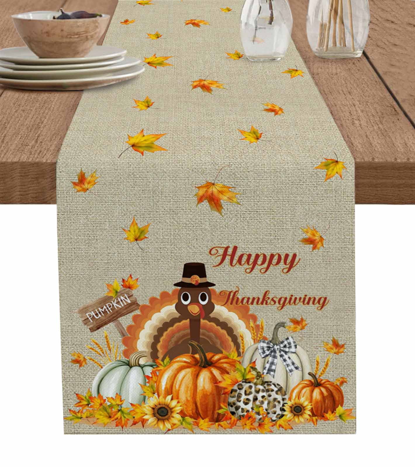 Fall Turkey Table Runner 60 Inches, Happy Thanksgiving Pumpkin Maple ...